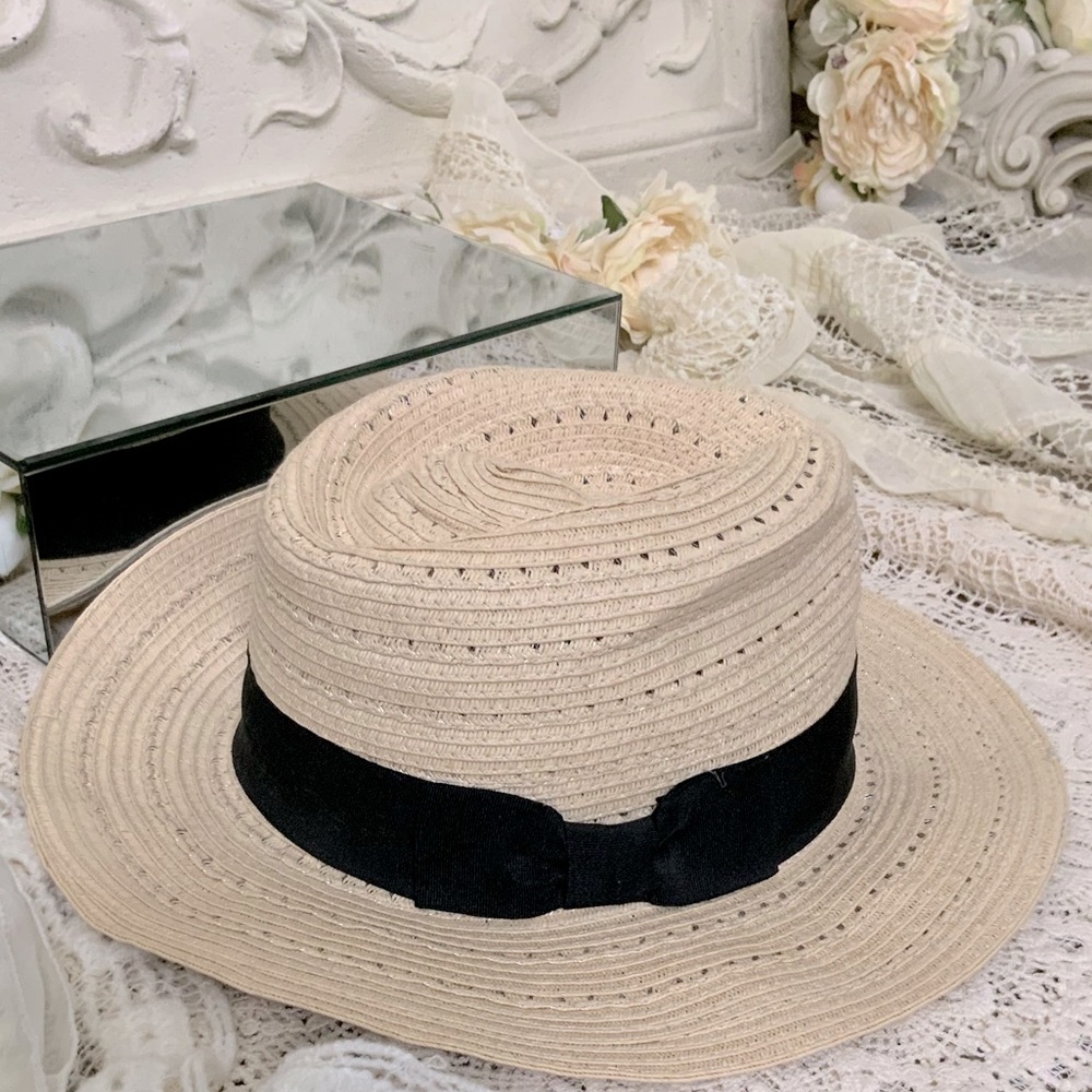 Natural Color Straw Fedora Black Grosgrain Band - Gem